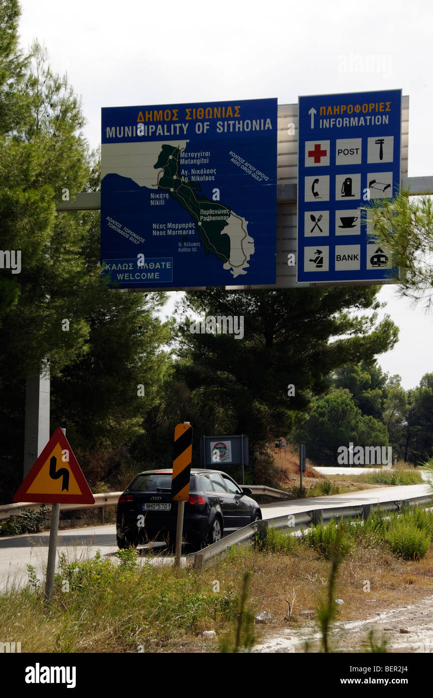 Welcome road signs on entry into the Municipality of Sithonia northern ...