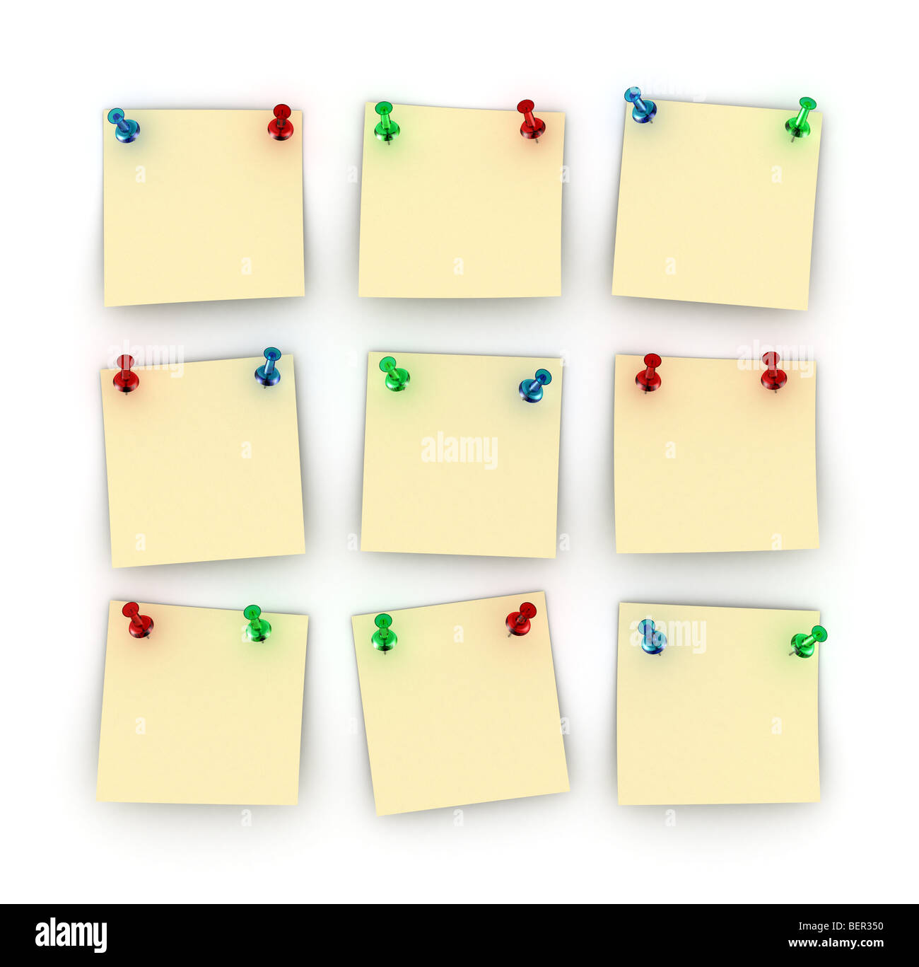 Nine Postit notes with differently colored push pins Stock Photo - Alamy