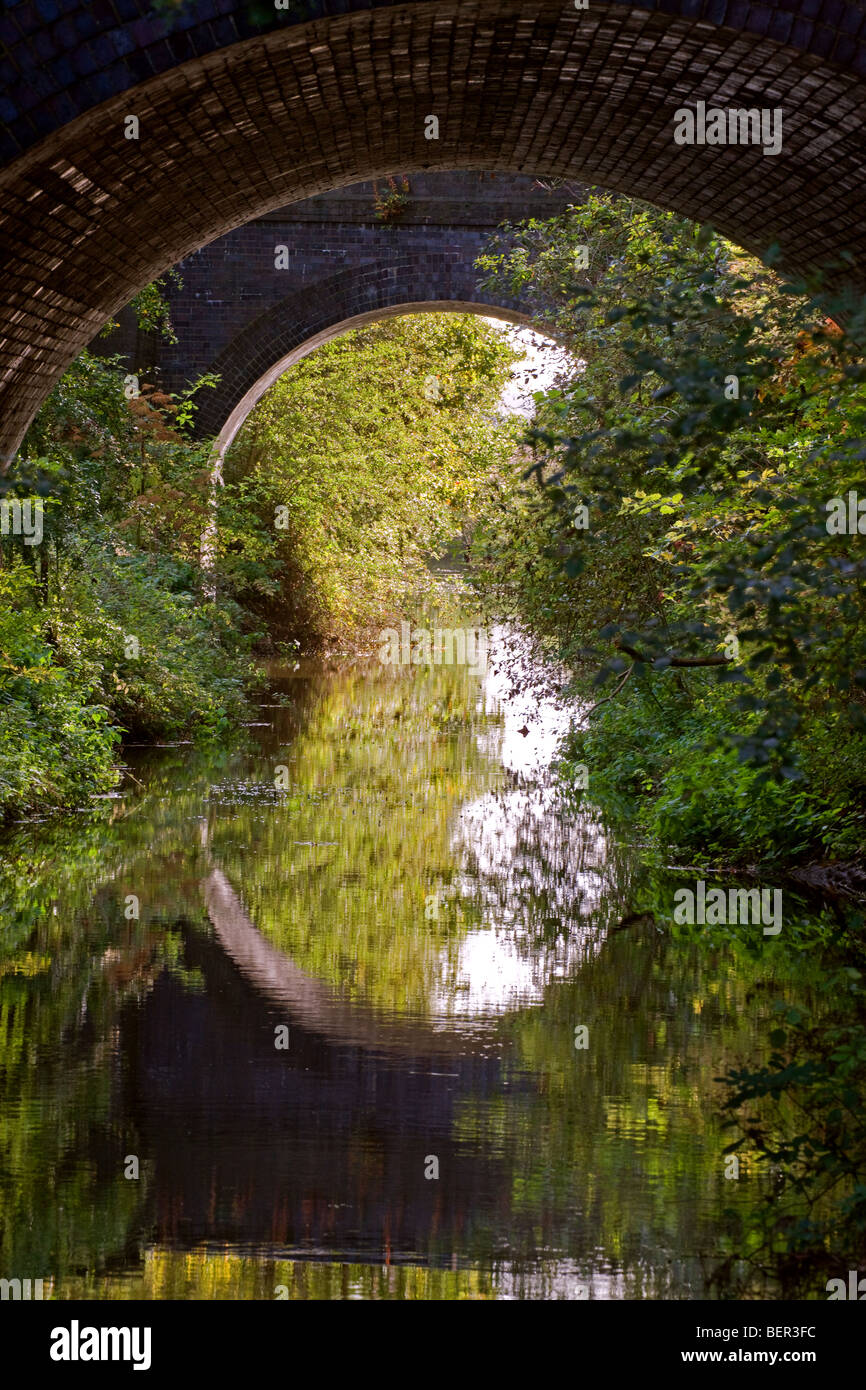 Mother Drain & railway bridges with reflections in water at Potteric ...