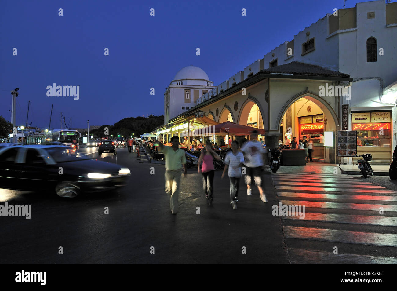 Rhodes city, Greece, view of New Market and people crossing the street ...