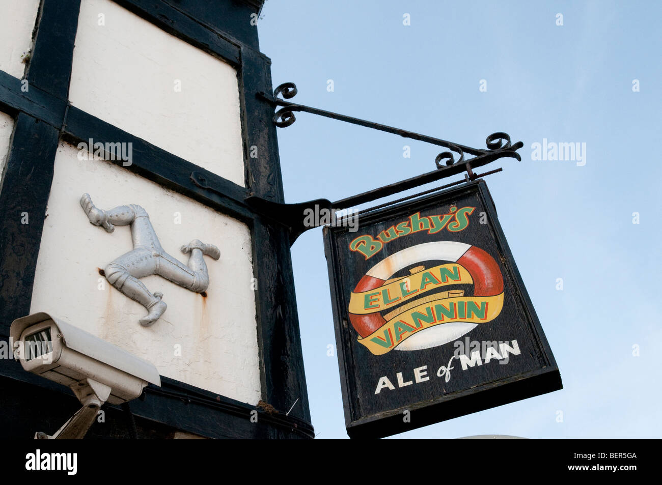 Isle of Man Triskelion symbol on the side of a pub, with the Ellan ...