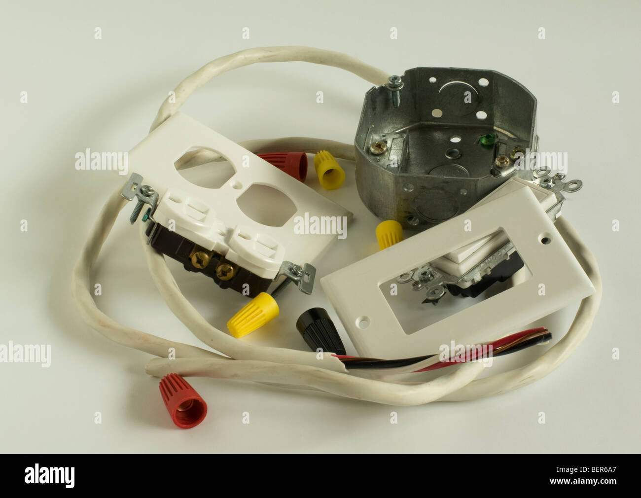 Electrical parts and wire on white Stock Photo - Alamy