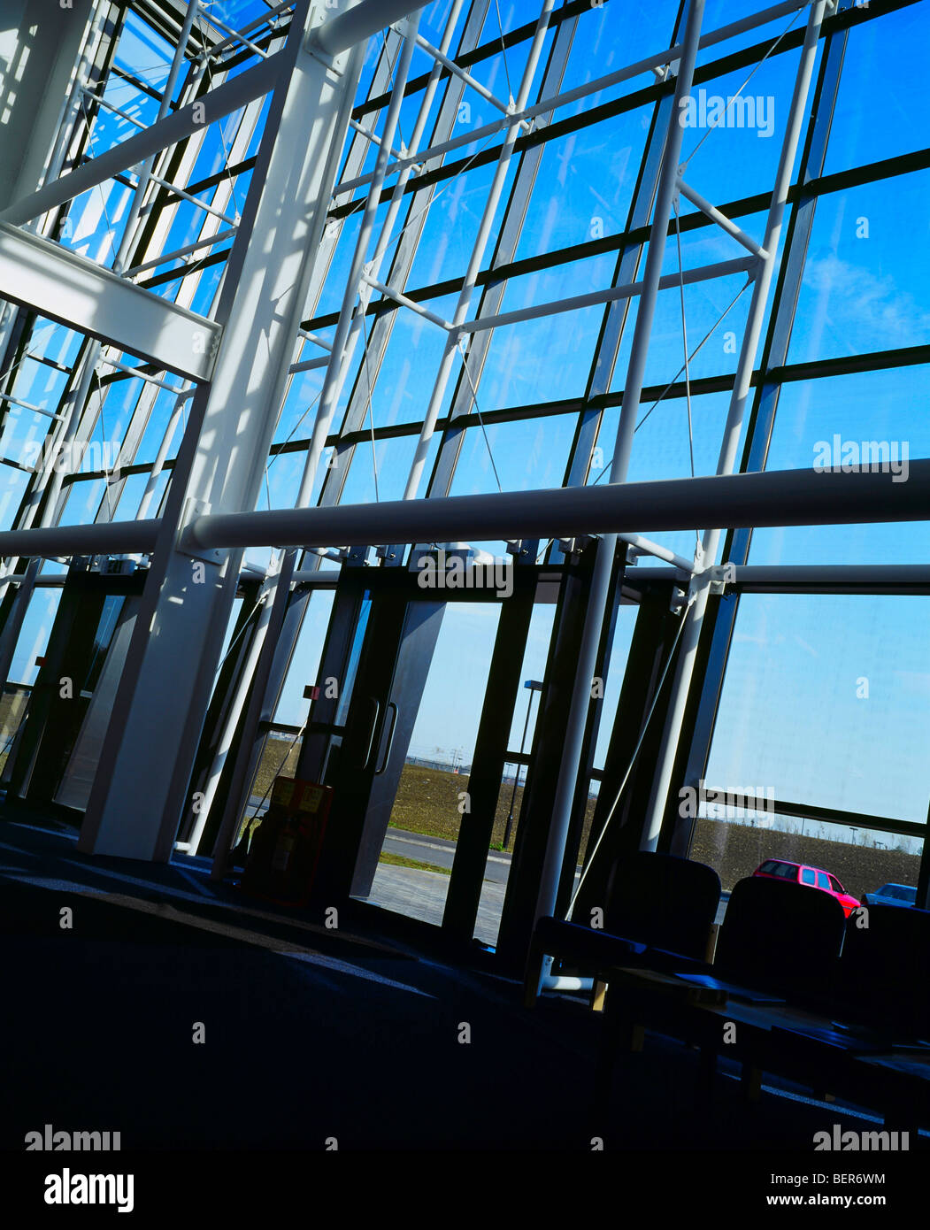 Reception atrium of Triumph Motorcycle factory Hinckley Leicestershire ...