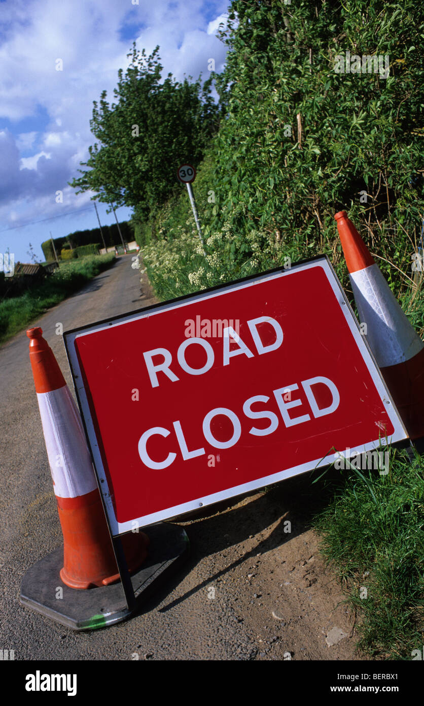 road closed warning sign on country road ahead near Leeds Yorkshire UK ...