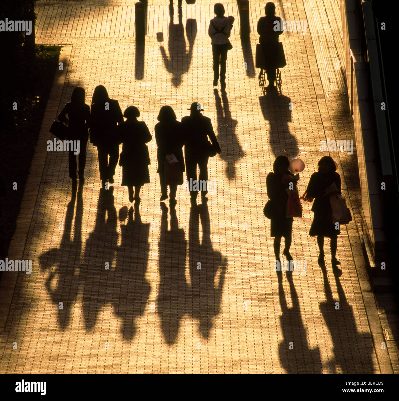 Pedestrians cast long shadows near sunset, Odaiba district, Tokyo ...