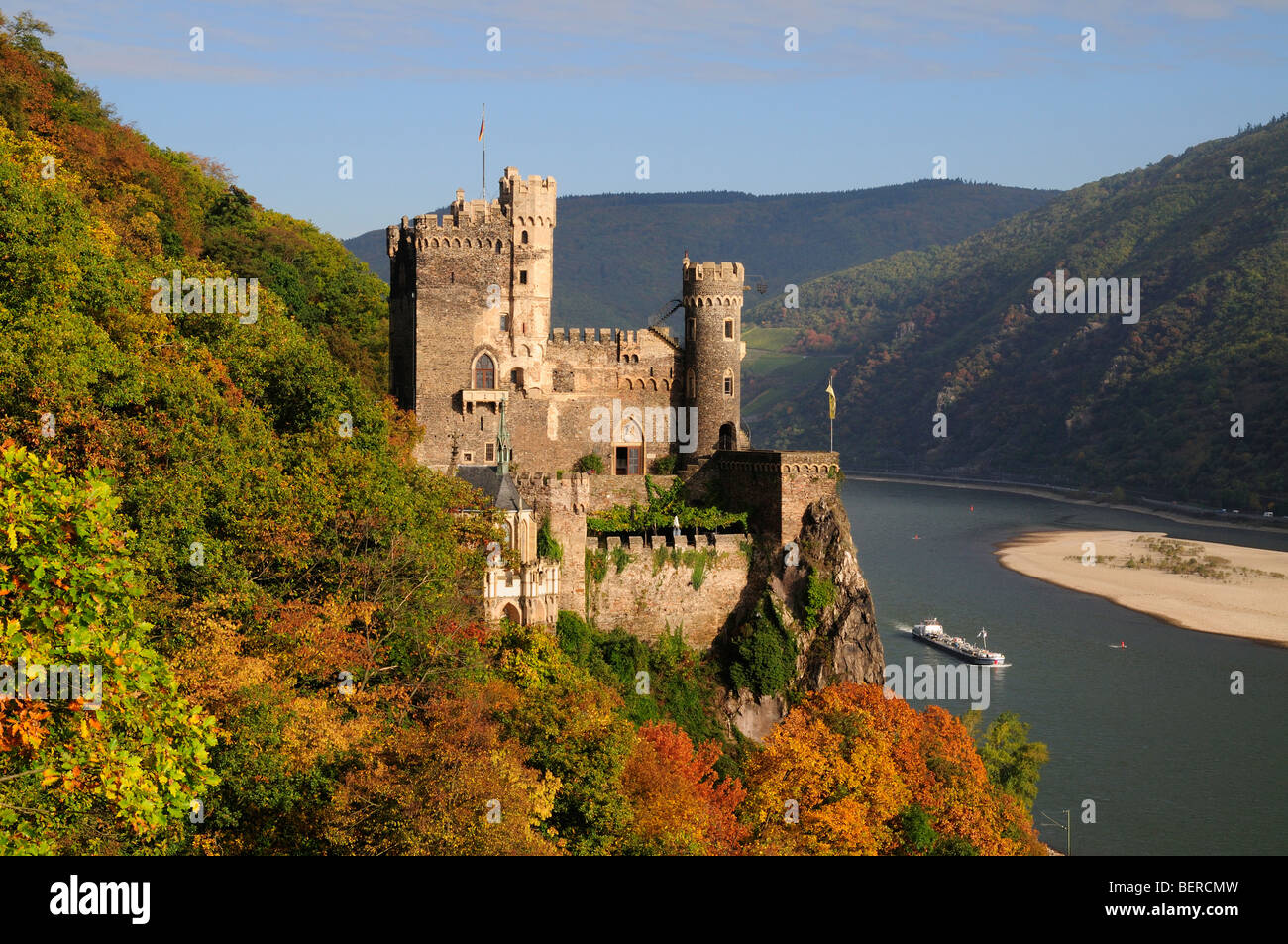 German Rhine castle Burg Rheinstein in autumn, Rhineland Stock Photo ...