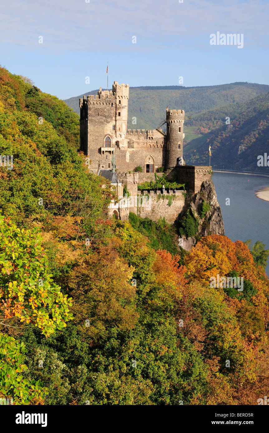 German Rhine castle Burg Rheinstein in autumn, Rhineland Stock Photo ...