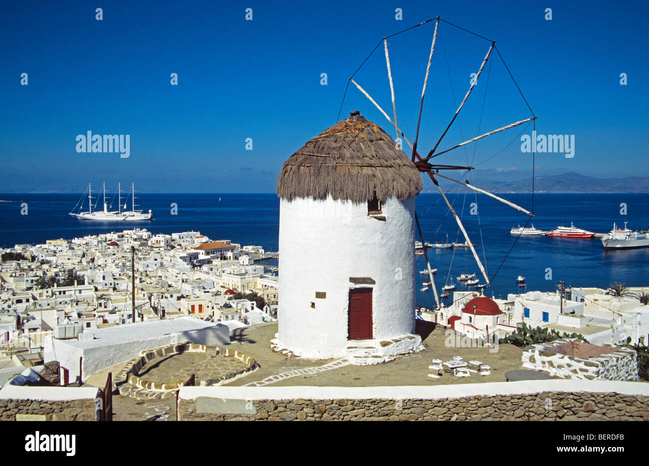 Mykonos Town - Restored windmill overlooking the town and harbour Stock ...