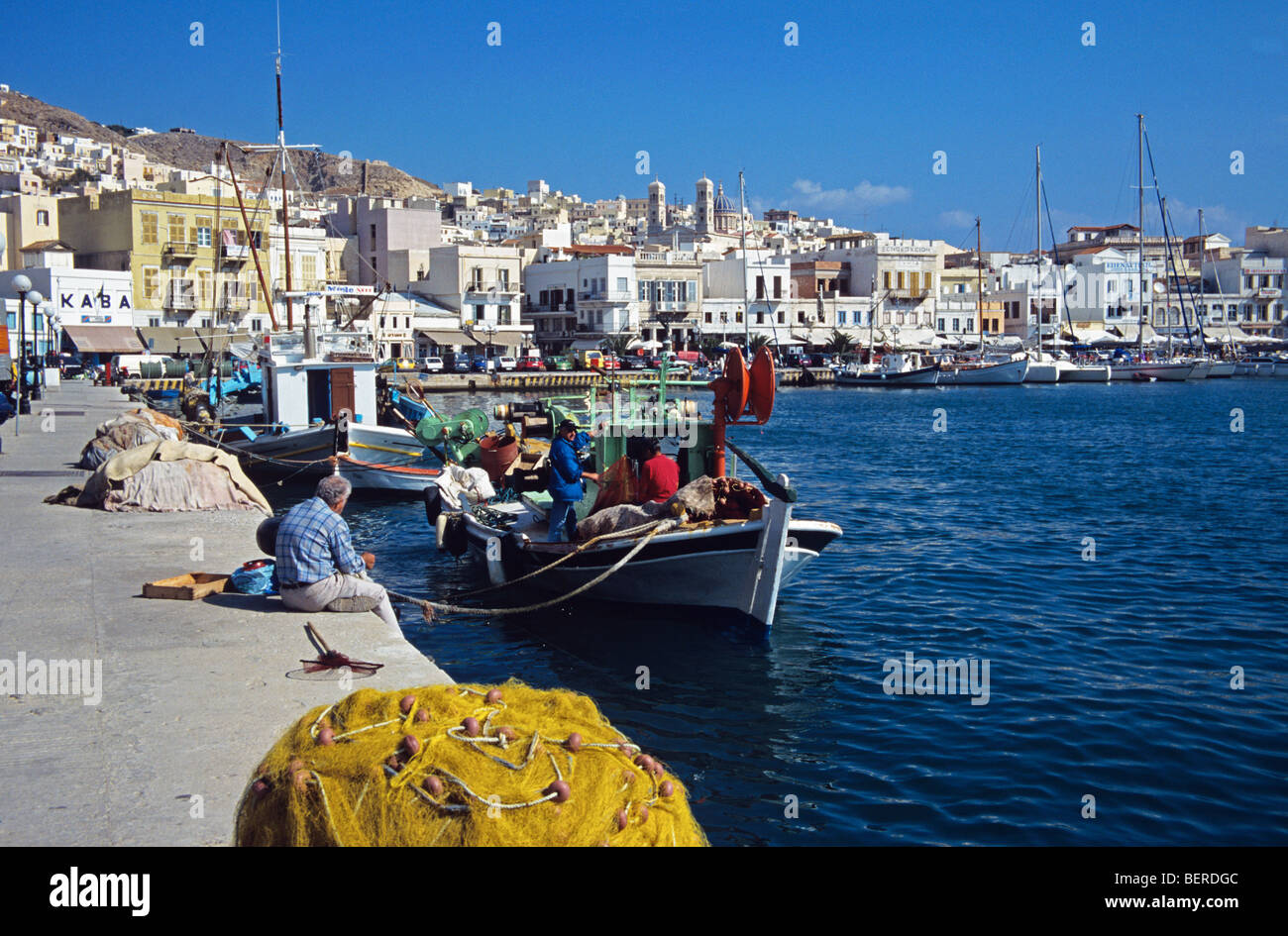 View from the port of Ermoupolis the capital and main city on the ...
