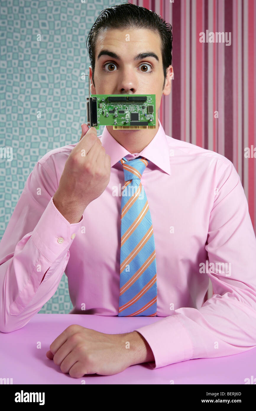 Businessman with electronic circuit in face as technology metaphor ...