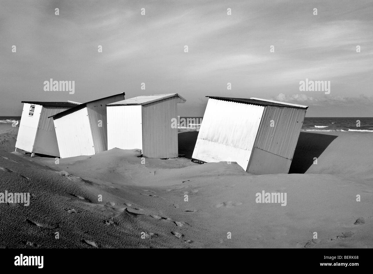 Row of white beach cabins along the North Sea coast at seaside resort ...