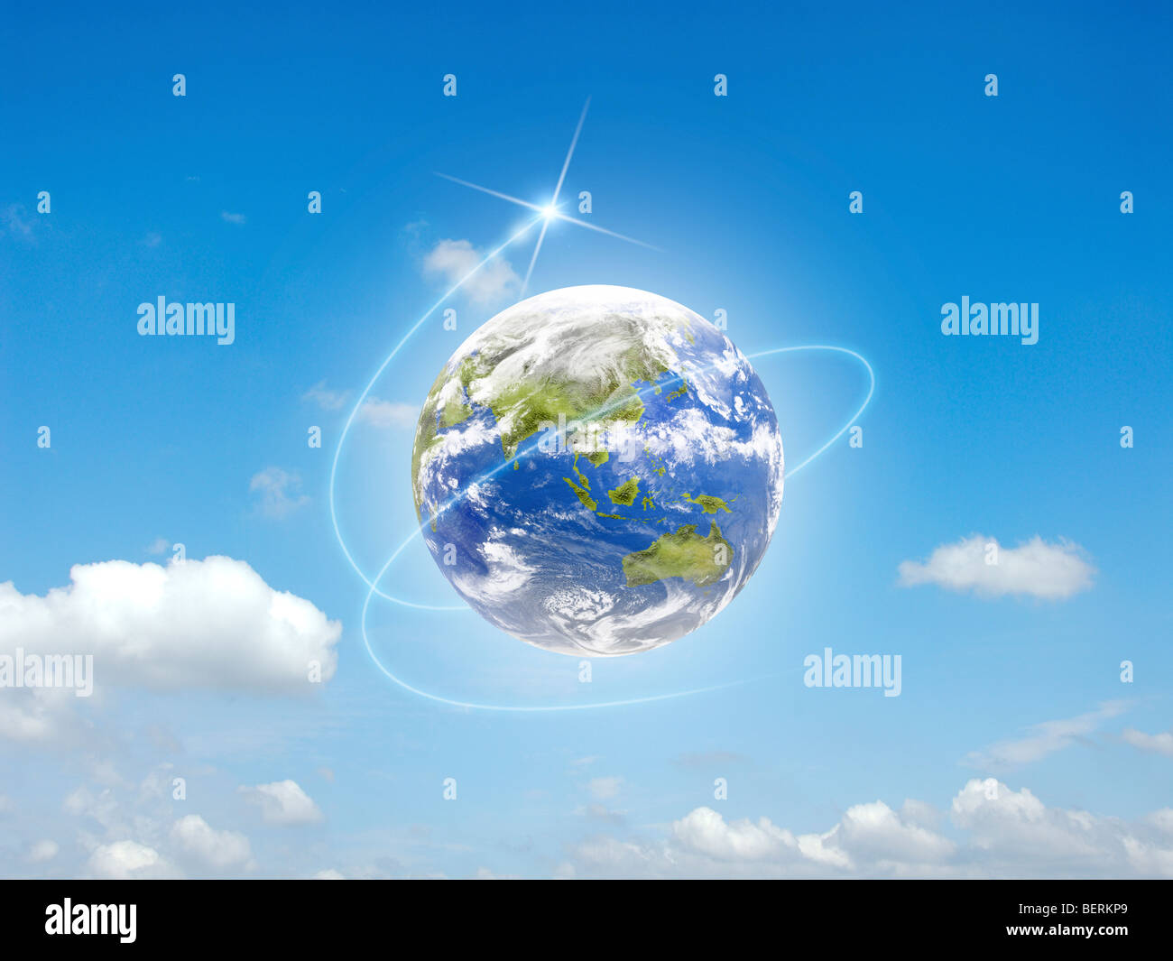 Network light surrounding the earth, computer graphic, lens flare Stock ...