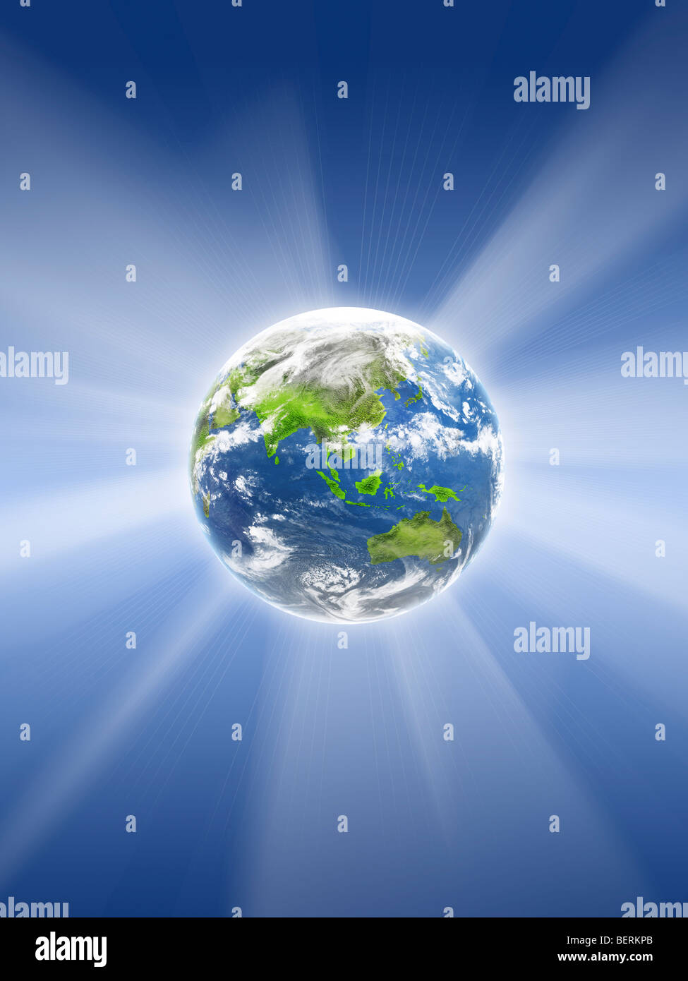 Light beams from the earth, computer graphic, blue background Stock ...