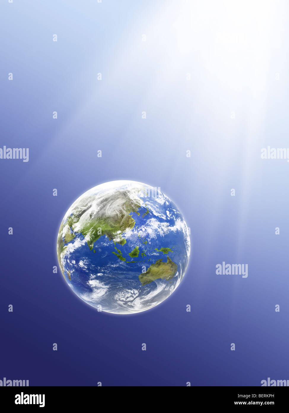 Light beams over the earth, computer graphic, blue background Stock ...