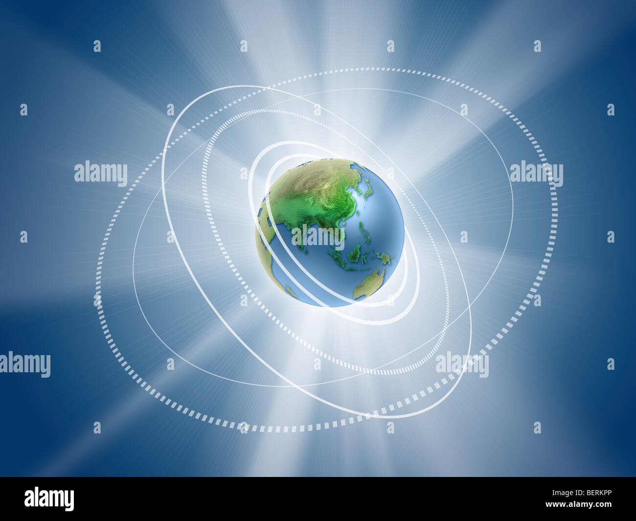 Network lights surrounding the earth, computer graphic, blue background ...