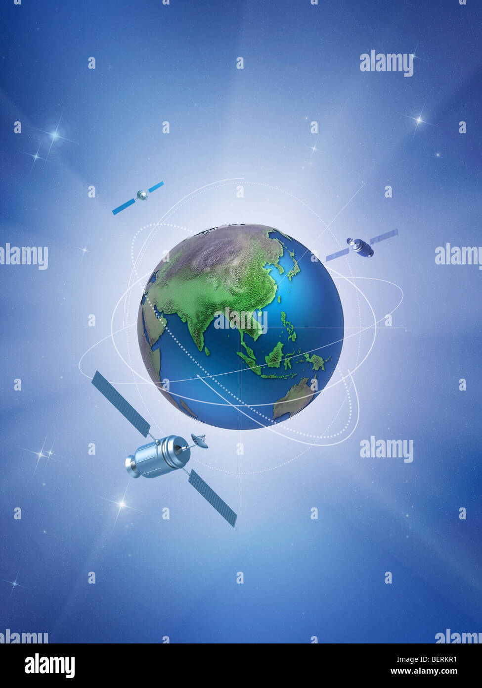 Three satellites around the earth, computer graphic Stock Photo - Alamy