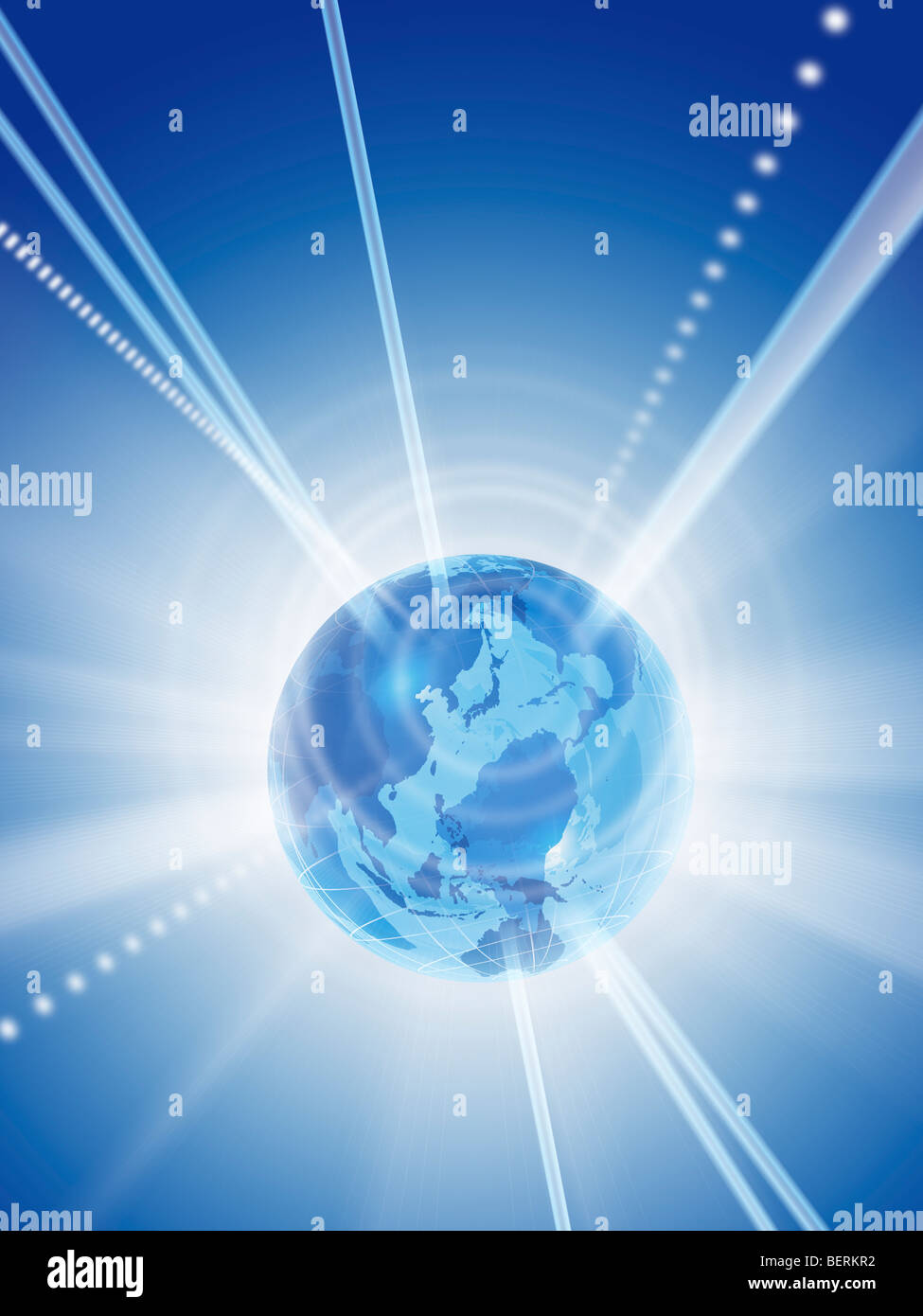 Light beams from the earth, computer graphic, blue background Stock ...