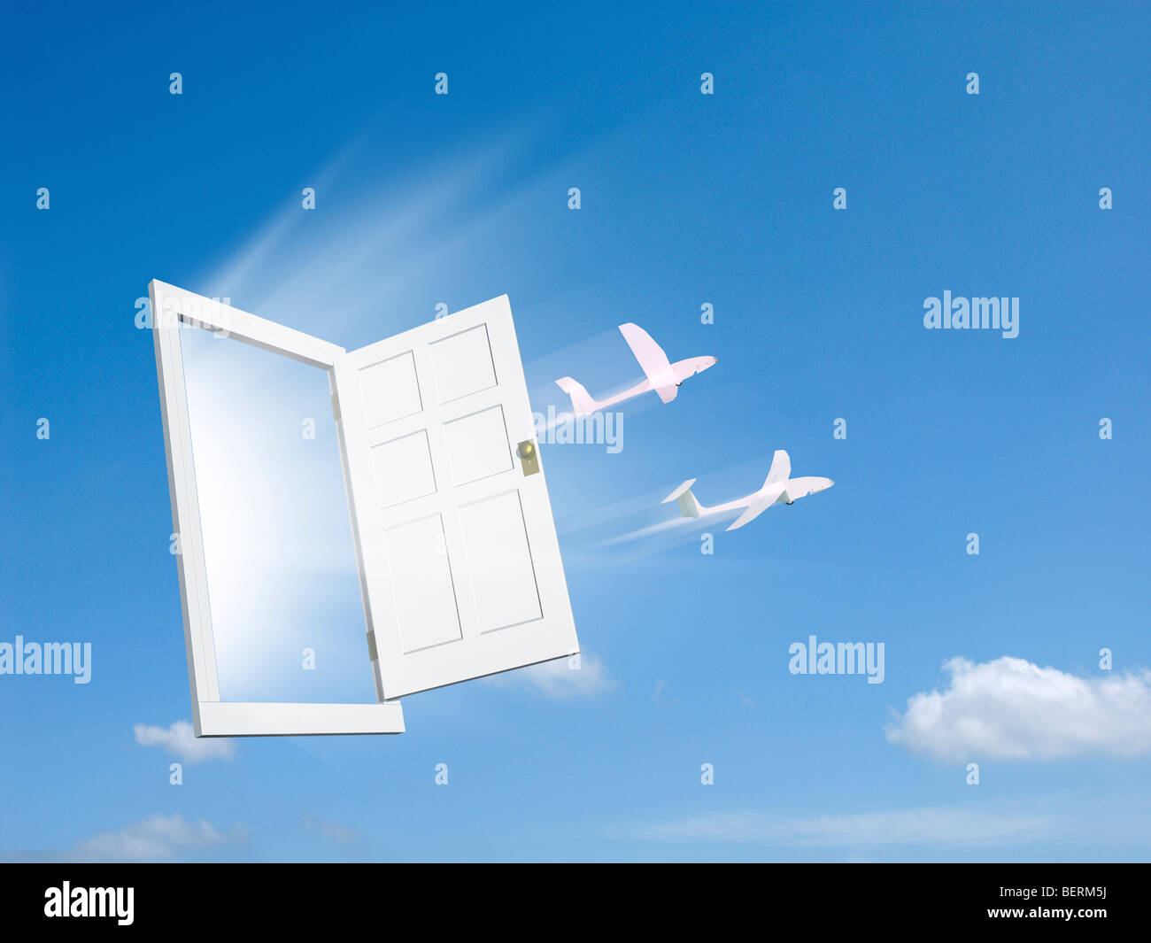 Open door in the sky with two paper airplanes flying out Stock Photo ...