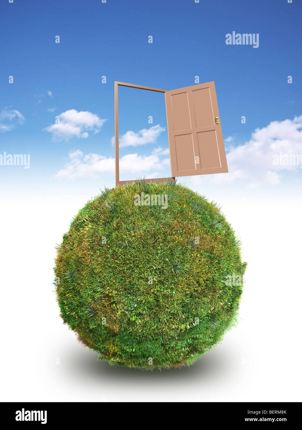 Grass covered sphere with open door Stock Photo - Alamy
