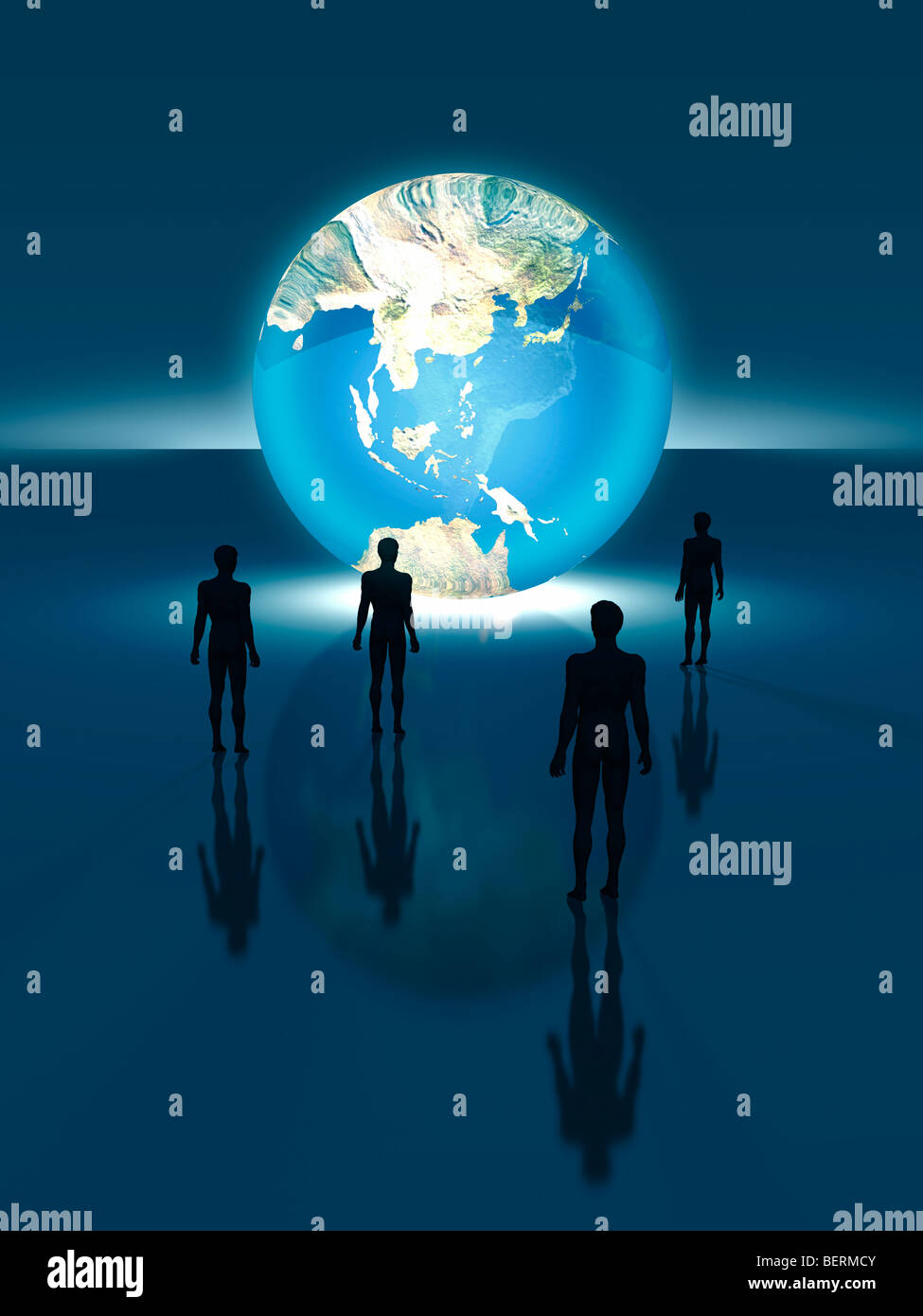 Four figures looking at earth Stock Photo - Alamy