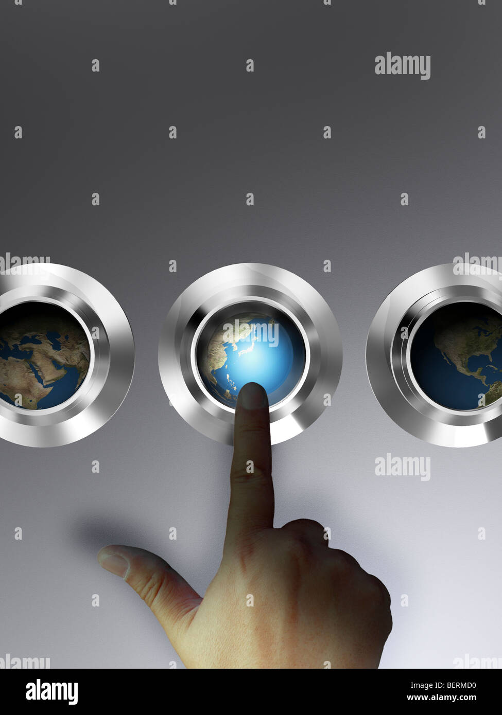 Human finger pointing at globe showing Asia Stock Photo - Alamy