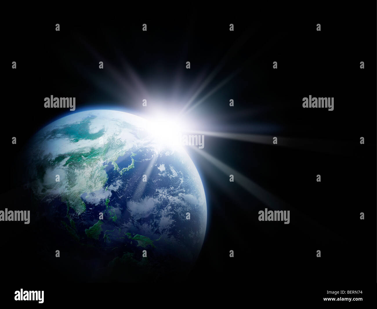 Sunlight behind the earth, computer graphic, black background Stock ...
