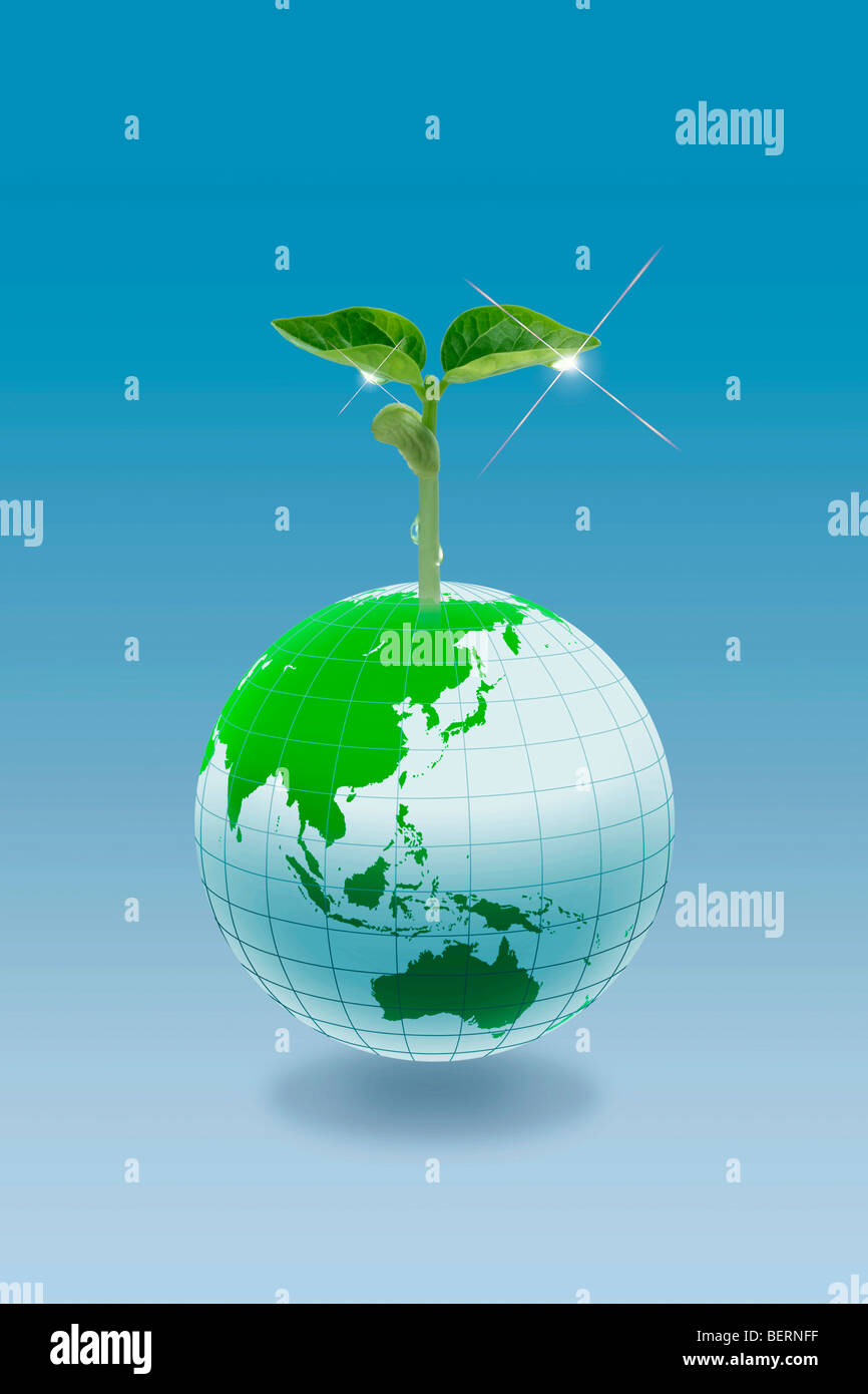 Seedling on the earth, computer graphic, blue background, lens flare ...