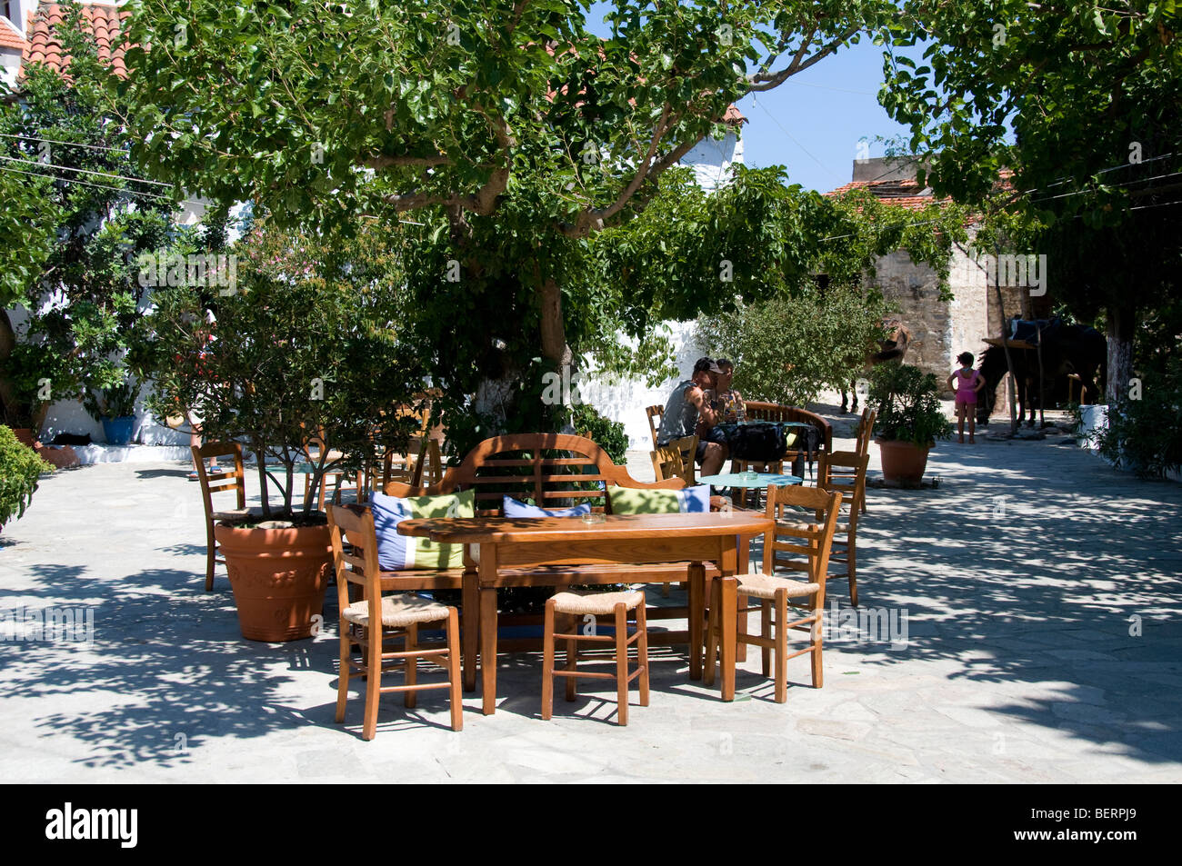 Main square of old town or Hora in the Greek Island of Alonissos ...