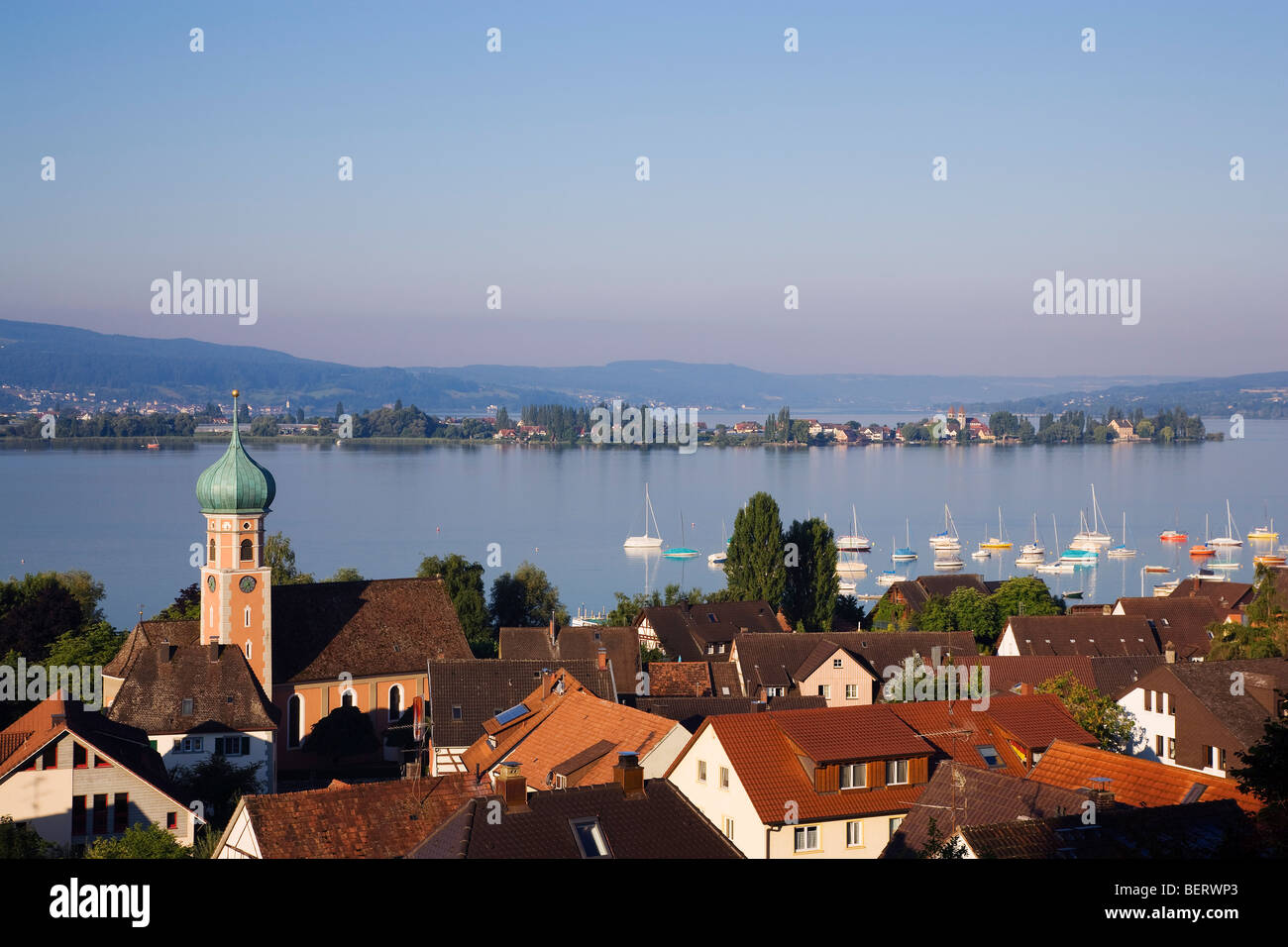 View over Allensbach to Reichenau island, Baden-Wurttemberg, Germany ...