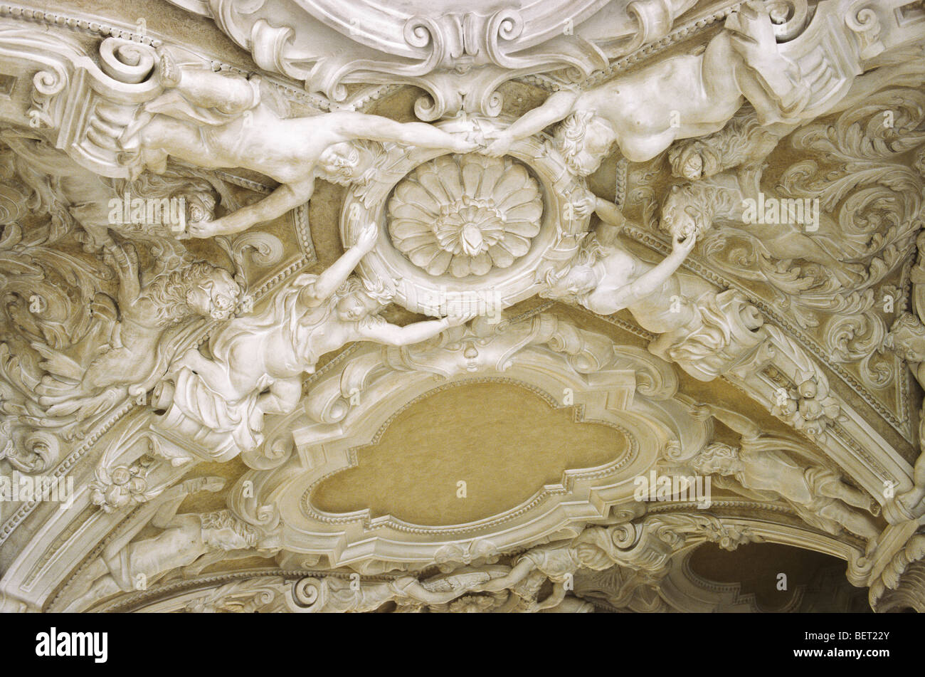 Ceiling sculptures at entrance of Gutenberg Museum in Mainz, Germany ...