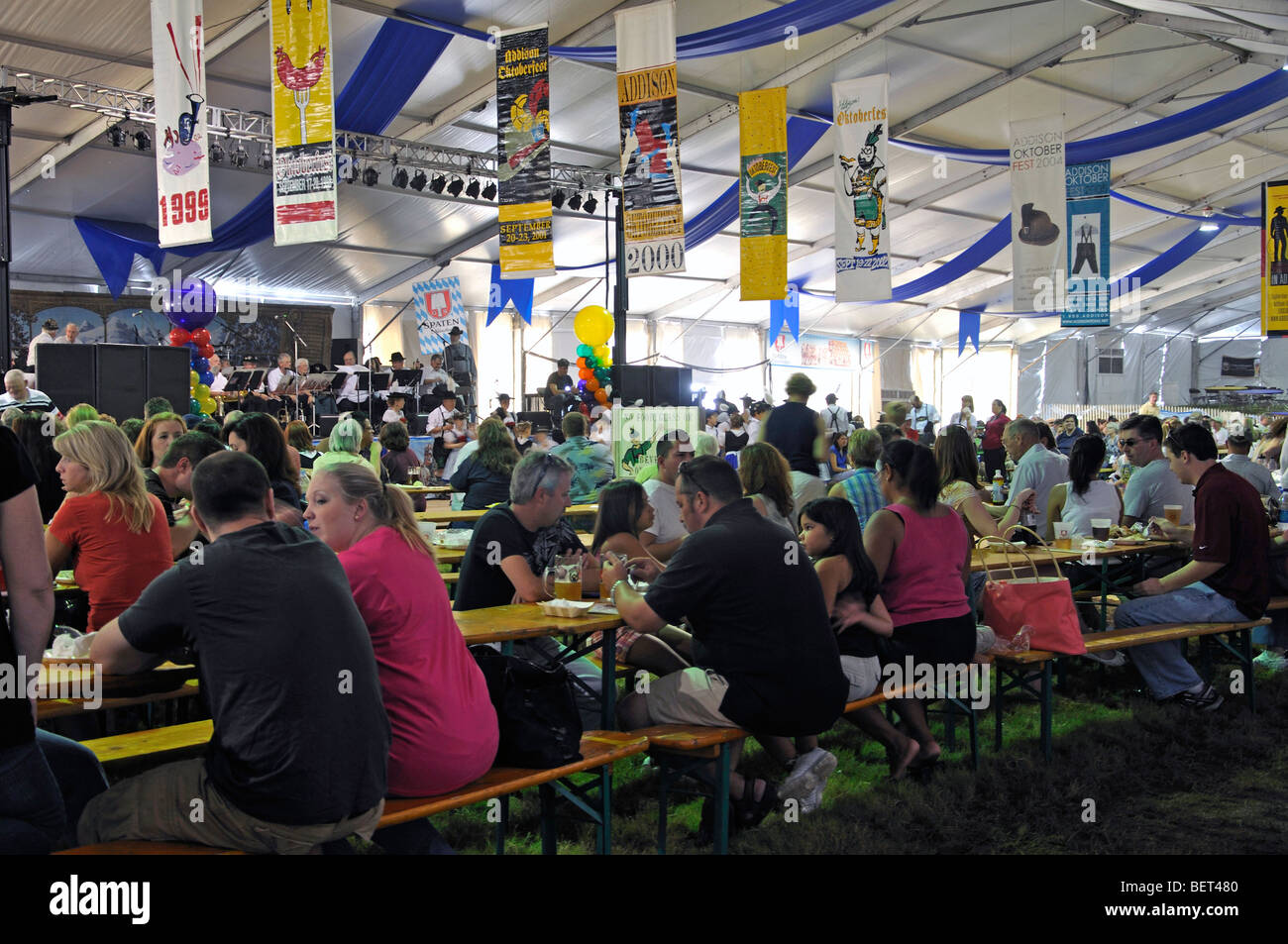 Oktoberfest in Addison, Texas - people eating German food in big tent ...