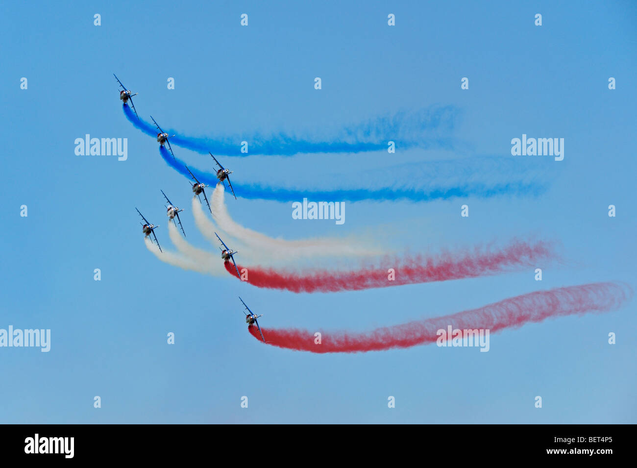 Alpha jets from the French Acrobatic Patrol flying in arrow formation ...