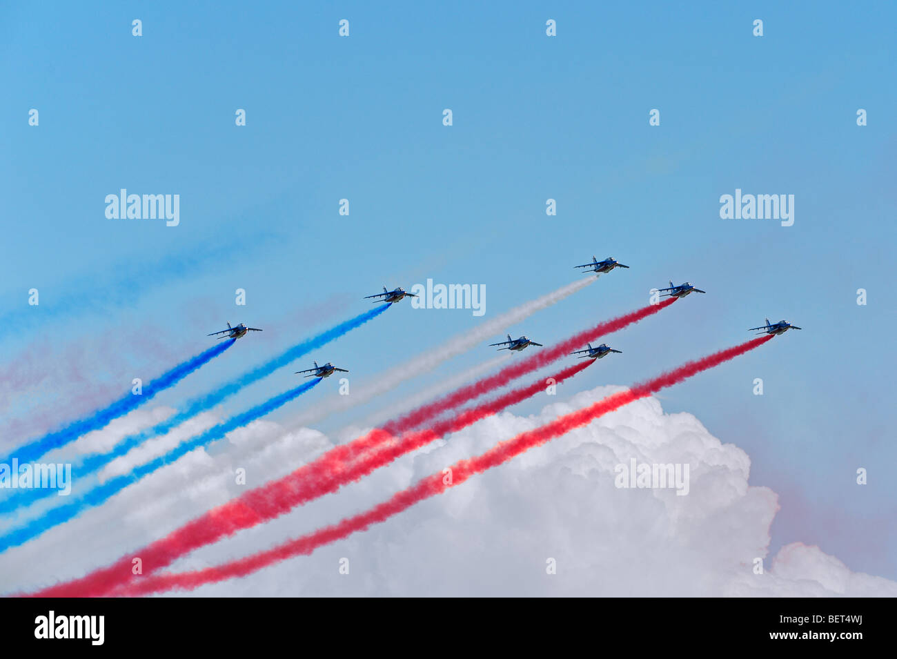 Alpha jets from the French Acrobatic Patrol flying in diamond formation ...
