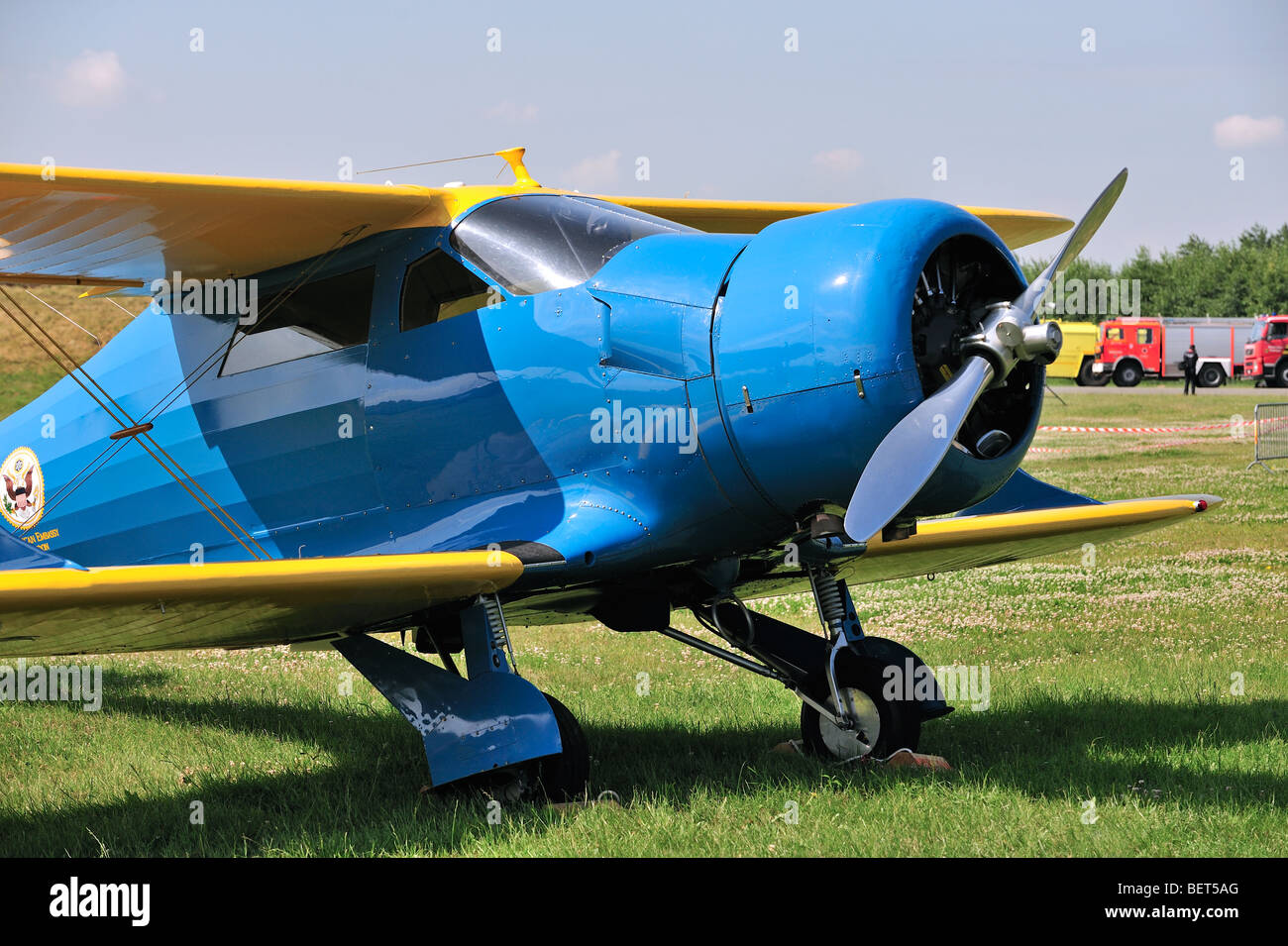 Biplane Beechcraft D17S Staggerwing at the airshow at Koksijde, Belgium ...