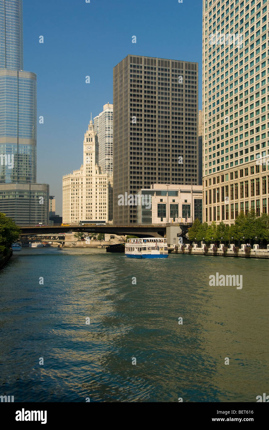 Architectural landmarks and historic structures align the Chicago River ...