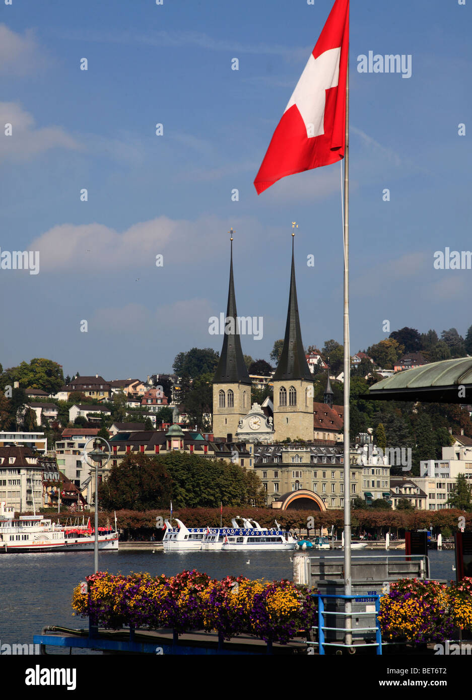 Switzerland, Lucerne, Luzern, lakeshore, cathedral, swiss flag Stock ...
