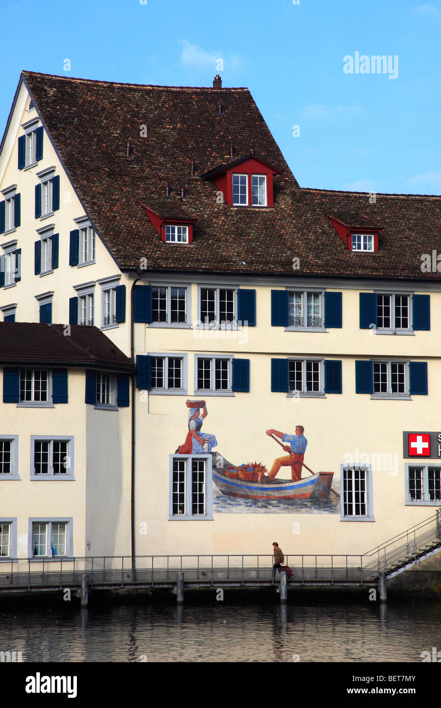 Switzerland, Zurich, painted house, Limmat river Stock Photo - Alamy