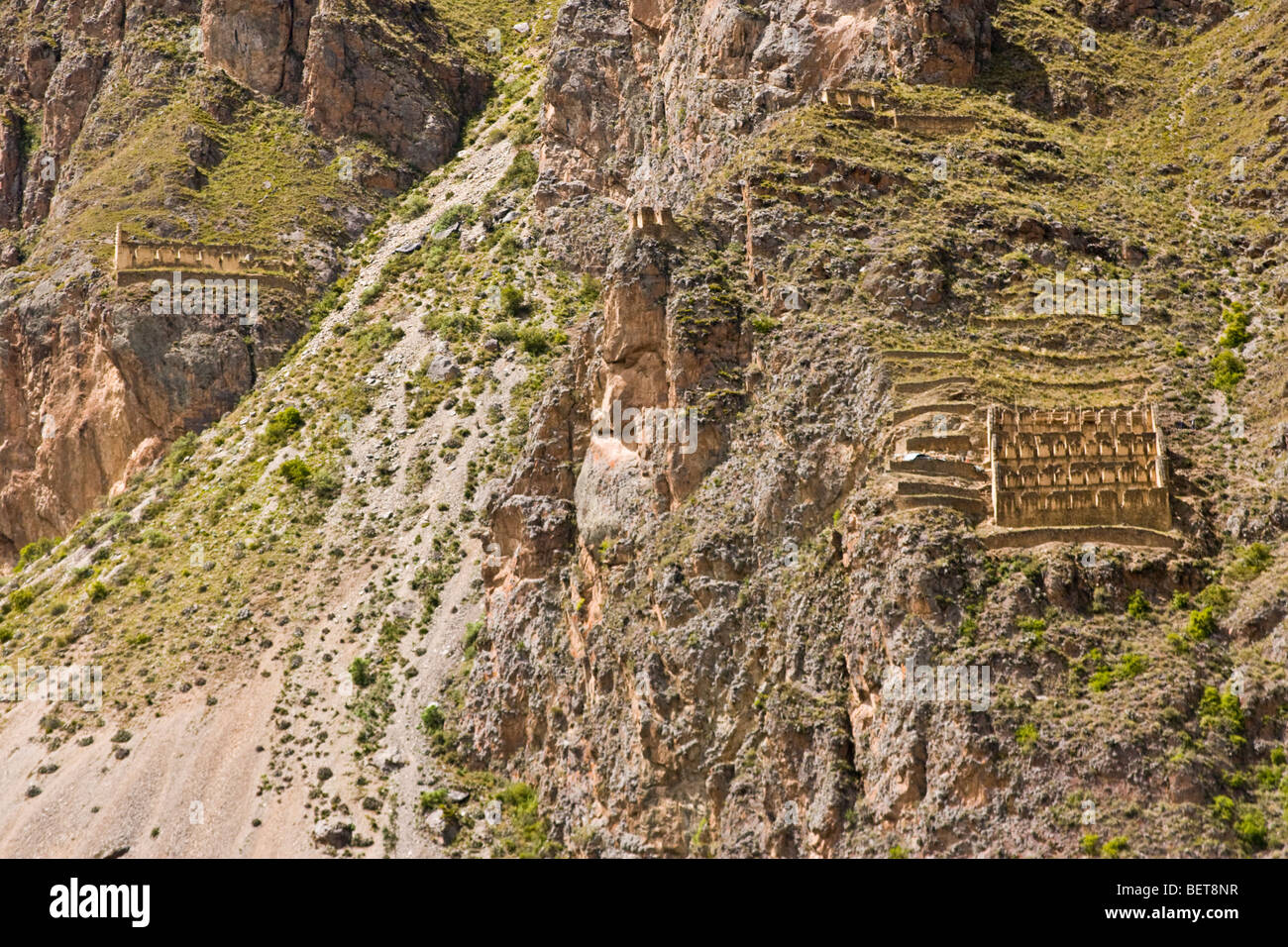 Ancient Inca grain storage on the mountainside overlooking ...