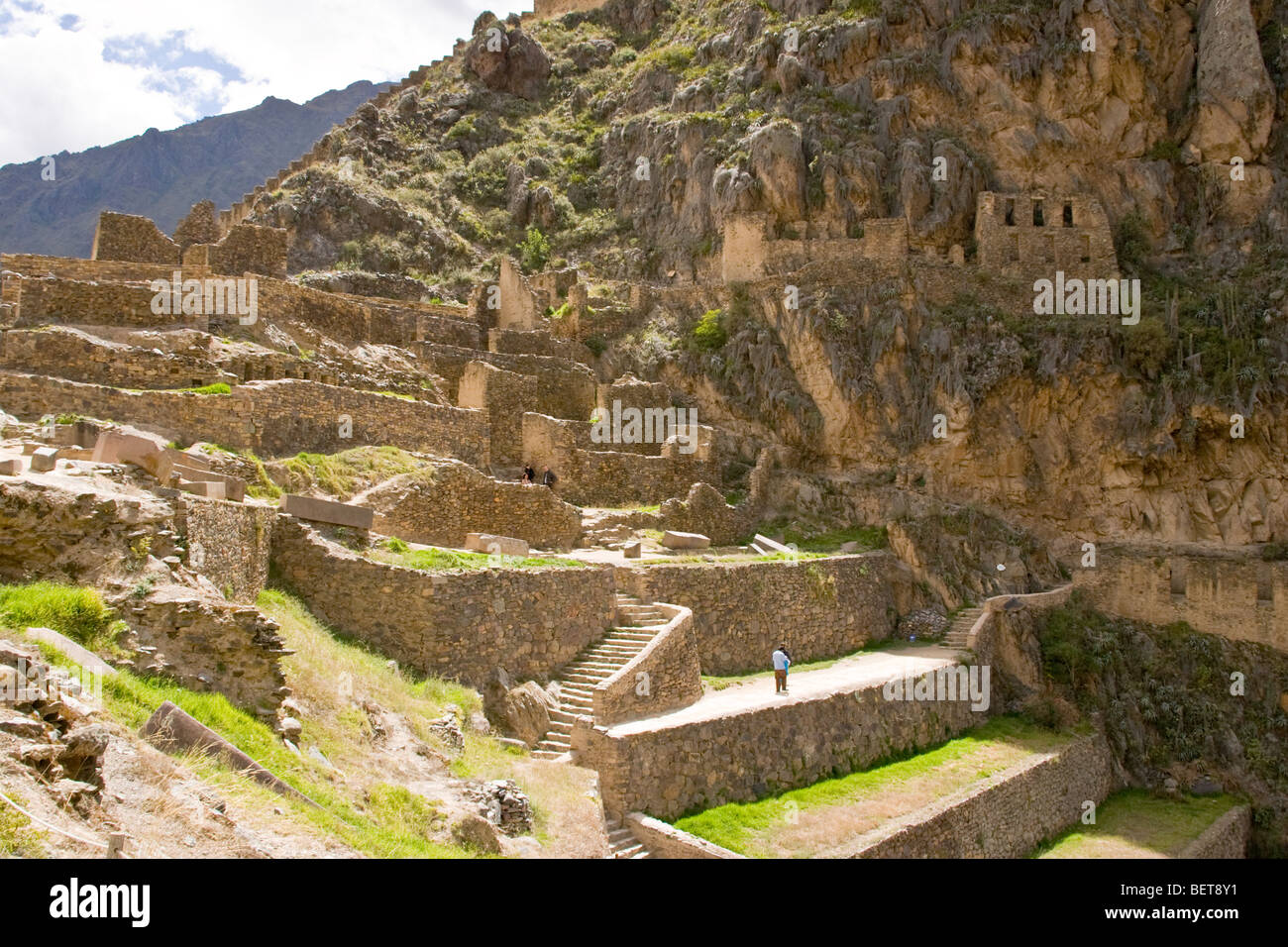Ancient Inca ruins at Ollantaytambo in the Andes mountains in southern ...