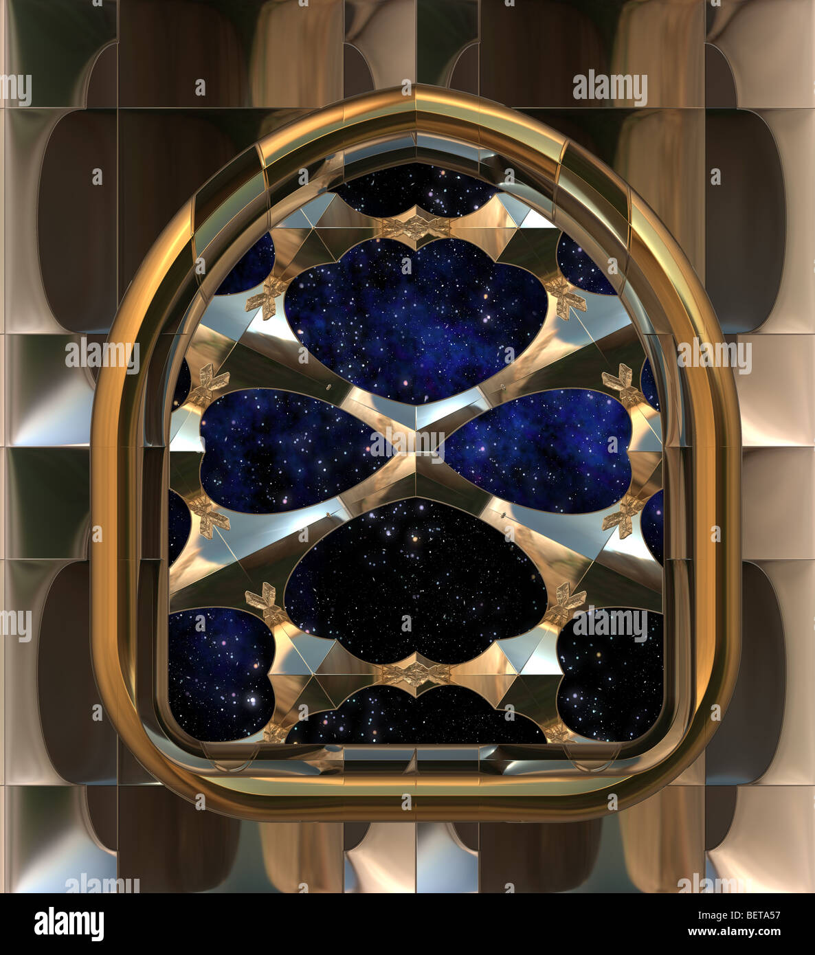 gothic or science fiction window looking into space or starry night sky ...