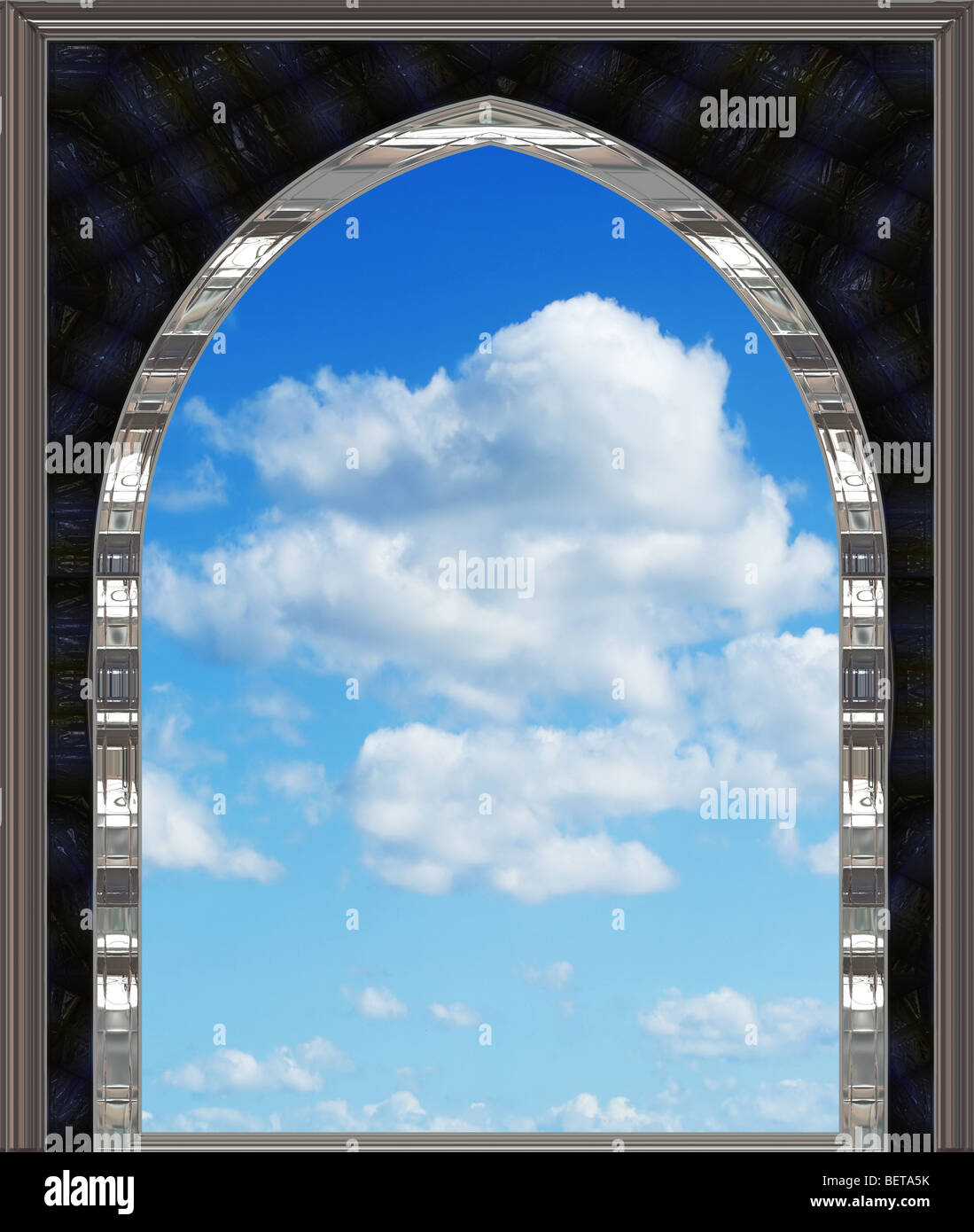 image of a gothic or science fiction window looking onto cloudy blue ...