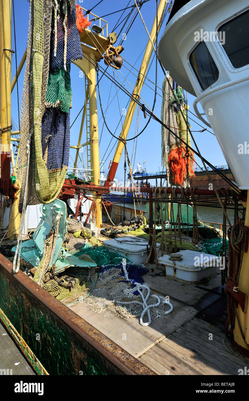 Dragnets on board of trawler fishing boat in the harbour of Oudeschild ...