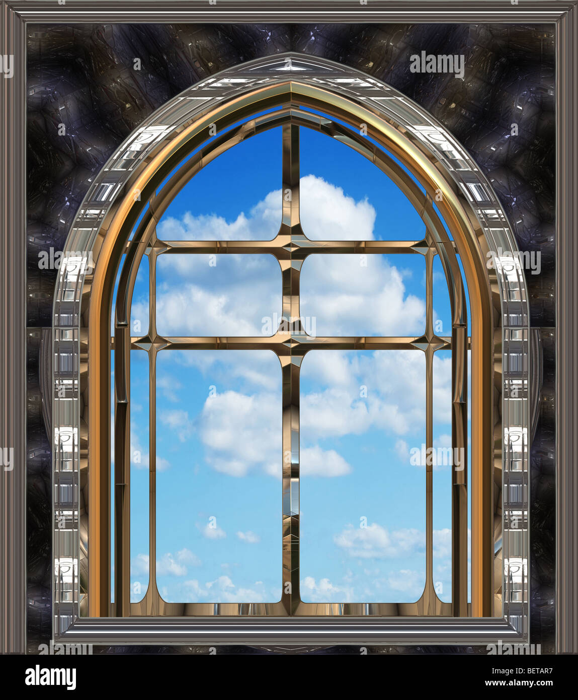 image of a gothic or science fiction window looking onto cloudy blue ...