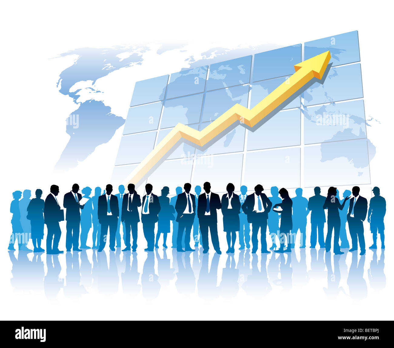 Businesspeople are standing in front of a large graph, world map in the ...
