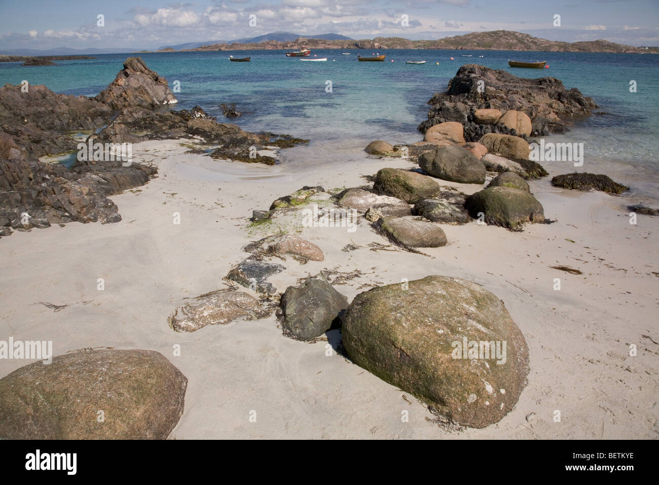 Iona white sands, beach and rocks looking out to the sound of mull and ...