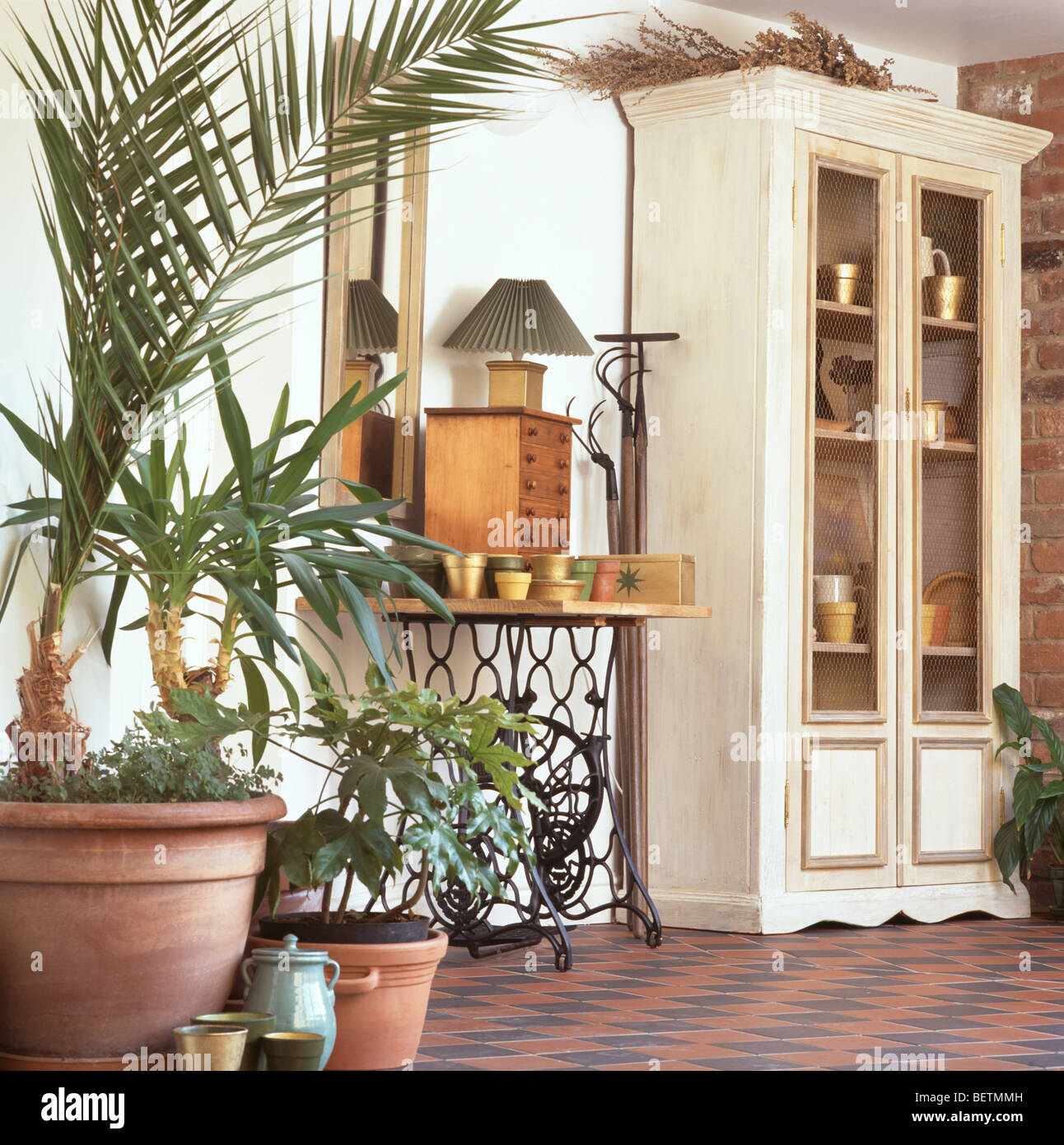 Potted palm and green houseplants in traditional hall with large cream ...