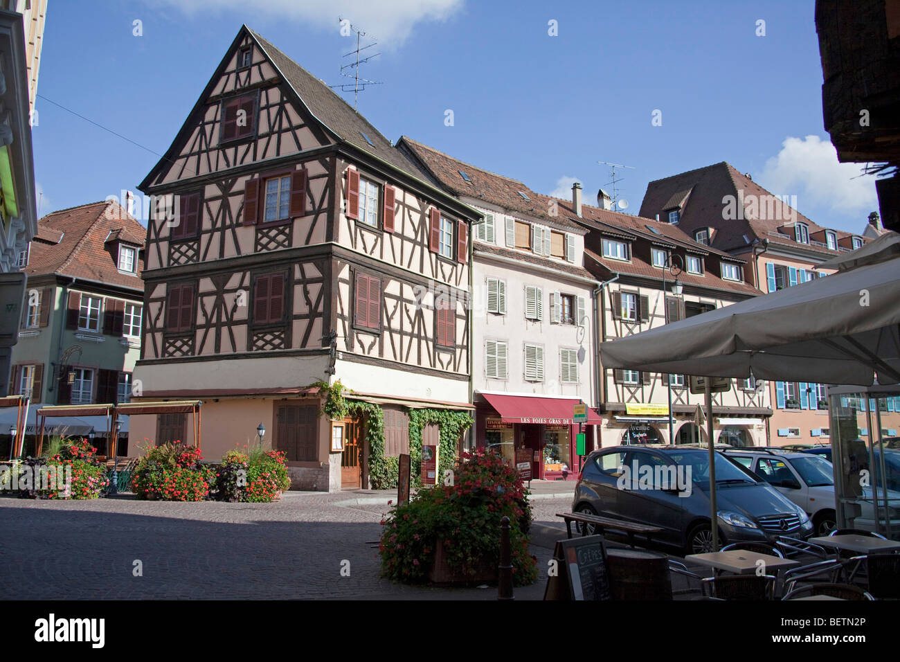 Traditional architecture buildings, street view in Colmar Alsace haut ...