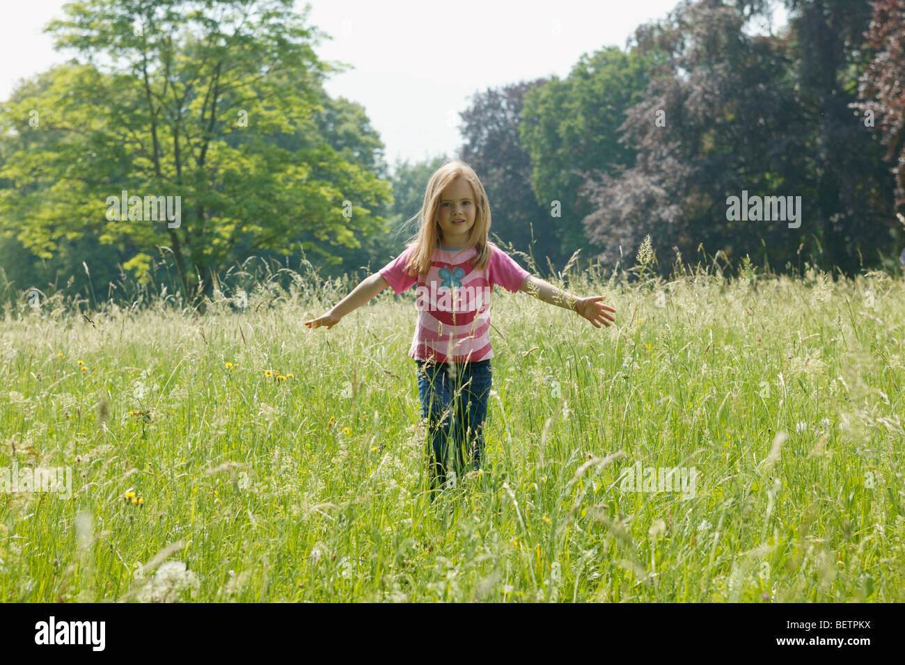 young girl walking through a meadow touching the long grass Stock Photo ...
