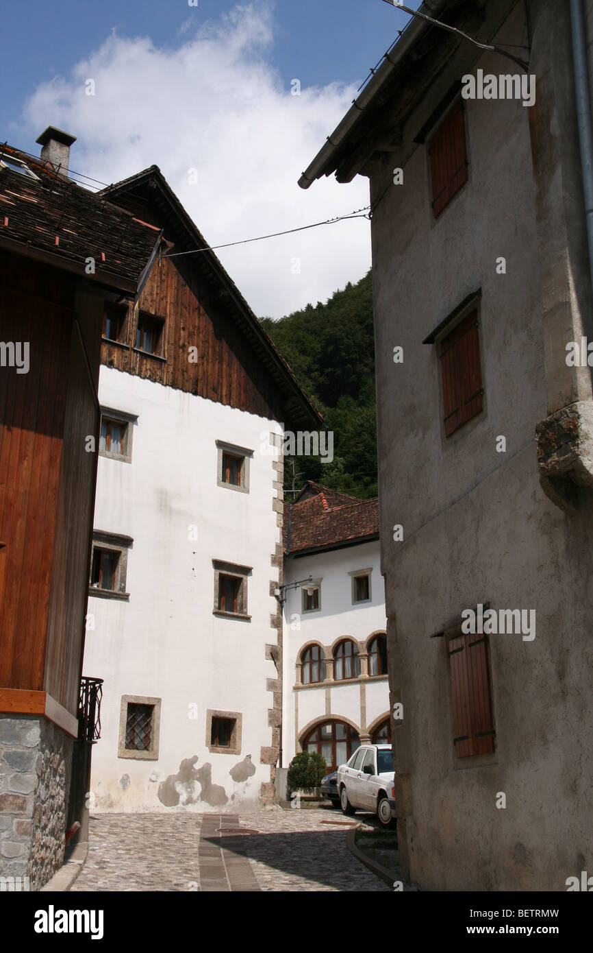 quiet street in the alpine village of Pesariis, Carnia, Friuli, north ...