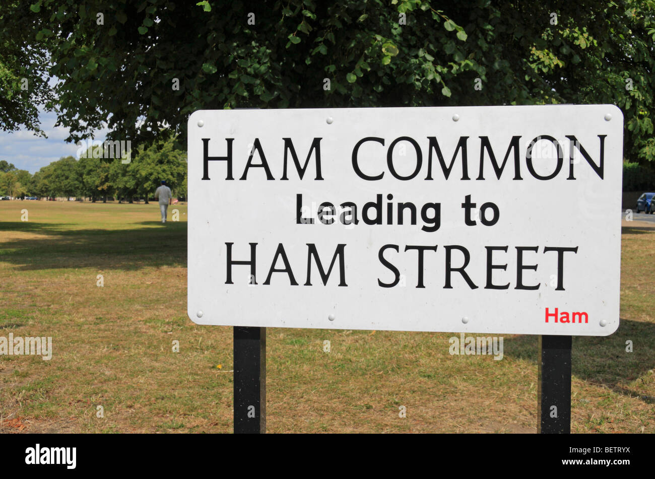 Road sign at the entrance to Ham Street beside Ham Common, Richmond, UK ...